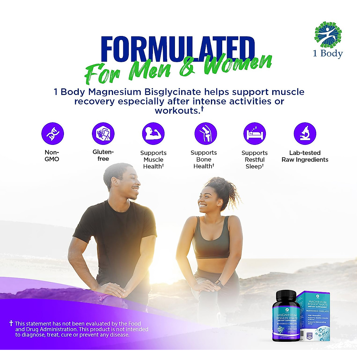 1 Body Magnesium Bisglycinate Supplement, 44 mg Pure Chelated Formula, 120 Capsules, Maximum Absorption, Muscle Cramp Relief