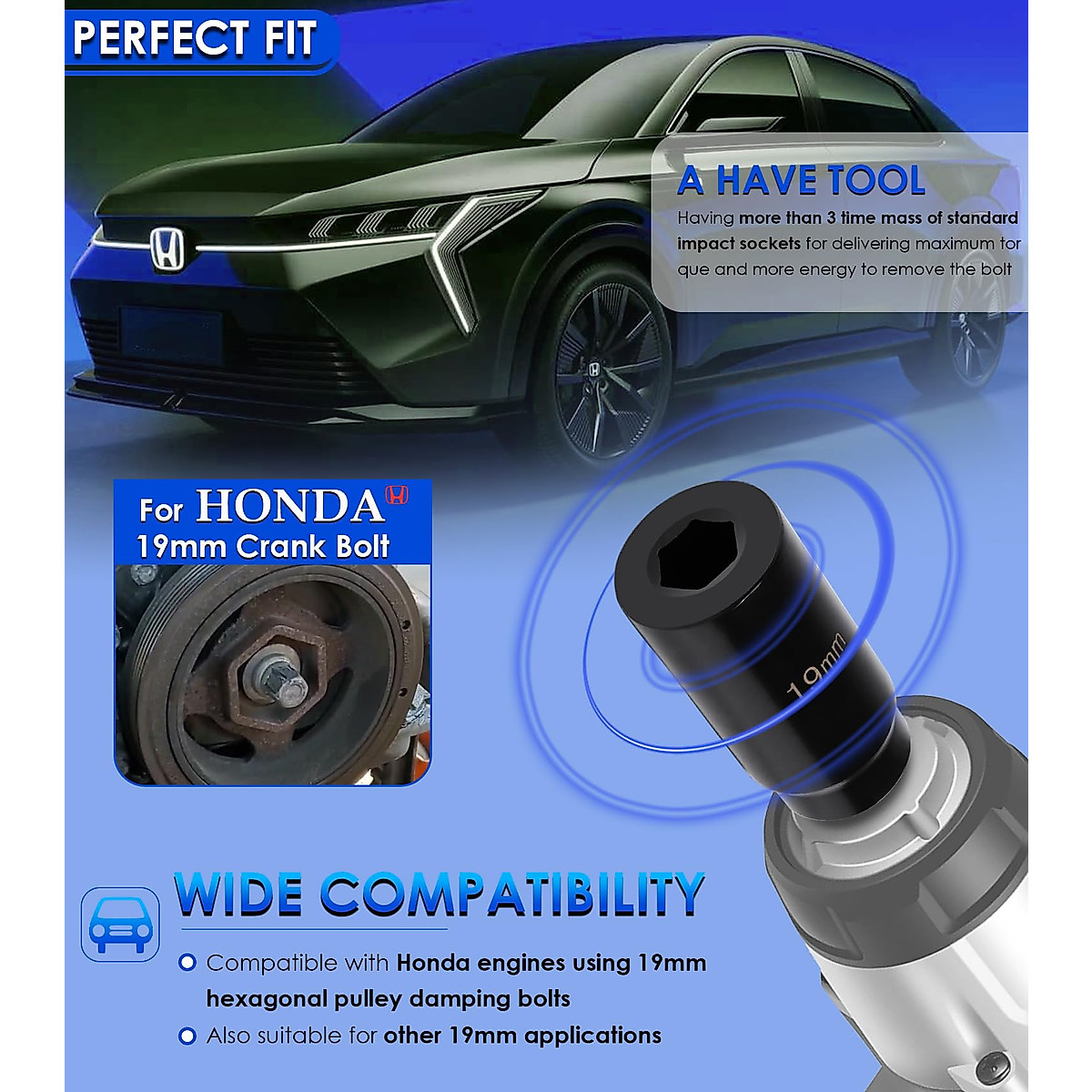 For Honda 19mm Crank Bolt Socket 77080 Harmonic Balancer Socket Tool, 3 Times Momentum Power of Standard Impact Socket