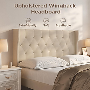 Aiho Queen Size Bed Frame with Headboard, Upholstered Bed Frame with Solid Wooden Slats, Under Bed Storage, No Box Spring Needed, Noise-Free, Easy Assembly, Beige
