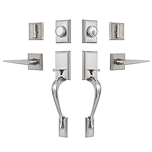 MIRUO Front Door Handle Set Double Door Handle Set with Dummy Heavy Duty Double Door Lock Set, with Single Cylinder Deadbolt and Lever Handle, Compatible with Right & Left Handed Doors (Satin Nickel)