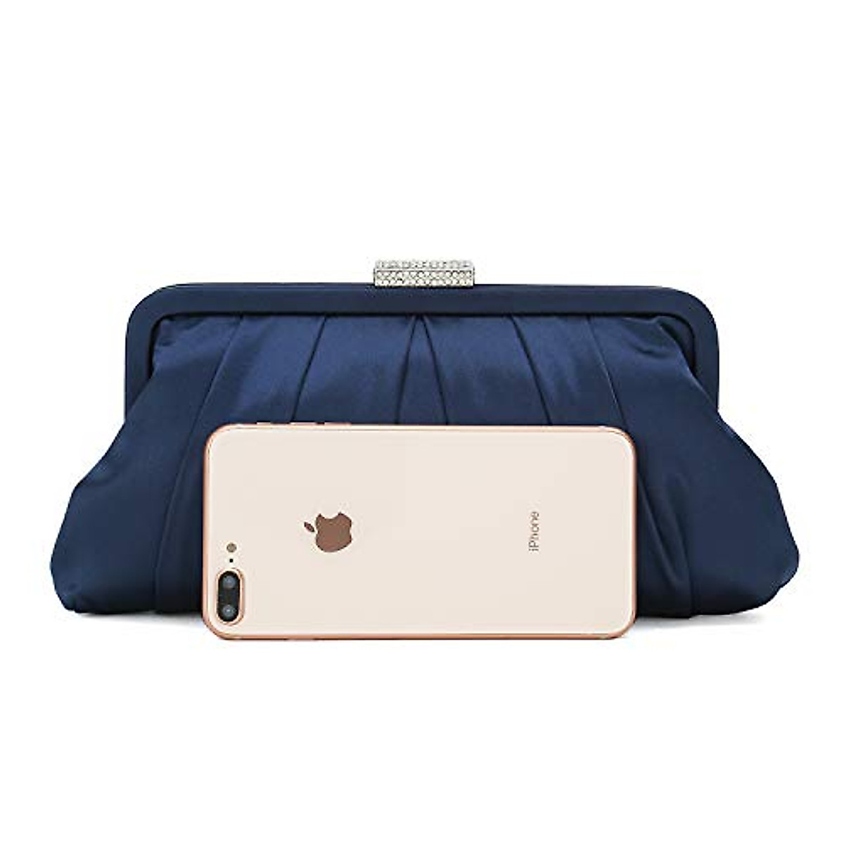 CHARMING TAILOR Classic Pleated Satin Clutch Bag Diamante Embellished Formal Purse for Wedding/Prom/Black-Tie Events (Navy)