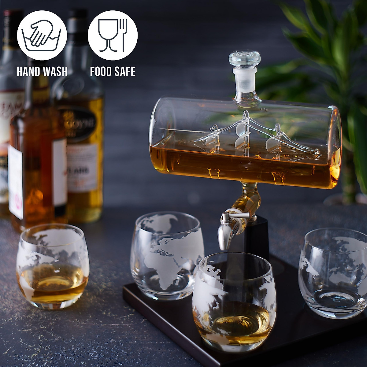 Oak & Steel 35oz/ 1000ml Ship In a Bottle Whiskey Decanter Sets for Men - Wine Decanter Set with Glasses of 4, Whiskey Dispenser & Stand for Whiskey, Bourbon, Vodka, Tequila - Gifts for Men & Husband