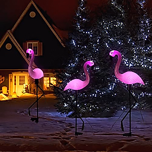 Flamingo Garden Solar Lights 3 Pieces Waterproof and Solar Powered Outdoor Decorative Stake Pink Lights for Pathway Lawn Yard Landscape Path Christmas Decorations Gifts