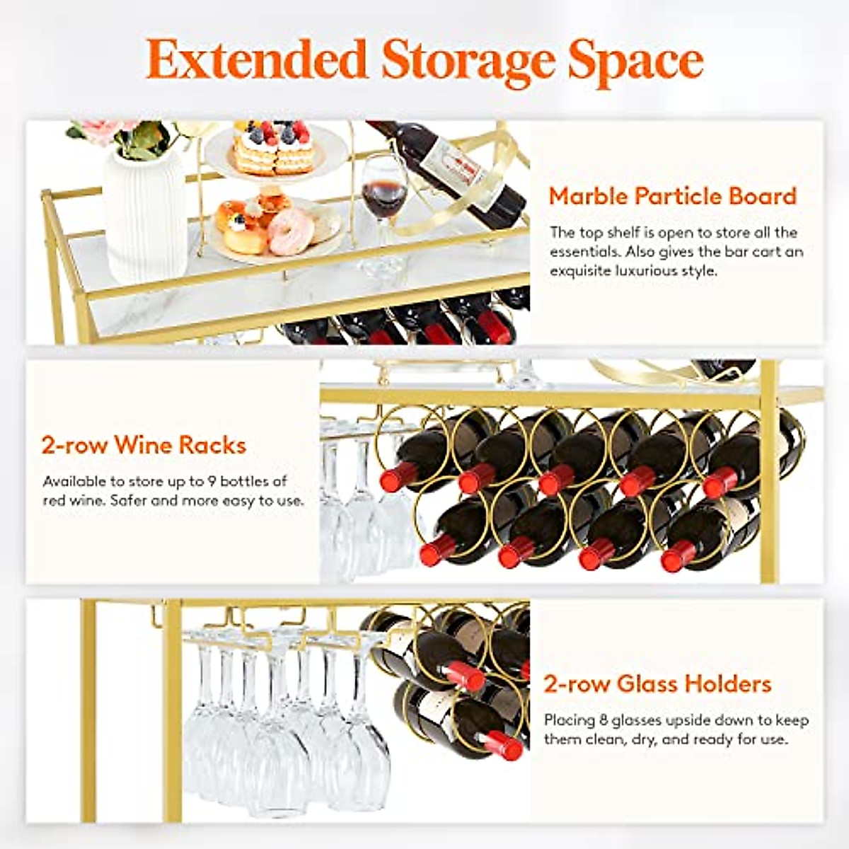 Lifewit Bar Cart, Home Bar Serving Cart, 2 Tier Drink Cart with 9 Wine Bottle Racks, Liquor Beverage Cart for Kitchen Dining Living Room Outdoor, 31.5" x 13" x 34.6", Gold