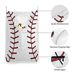 Red Stitching Baseball Door Hanging Laundry Hamper Bag Softball Laces Space Saving Wall Large Laundry Basket Storage Dirty Clothes Bags with Bottom Zippers Hooks for Bathroom Bedroom 2 Pcs
