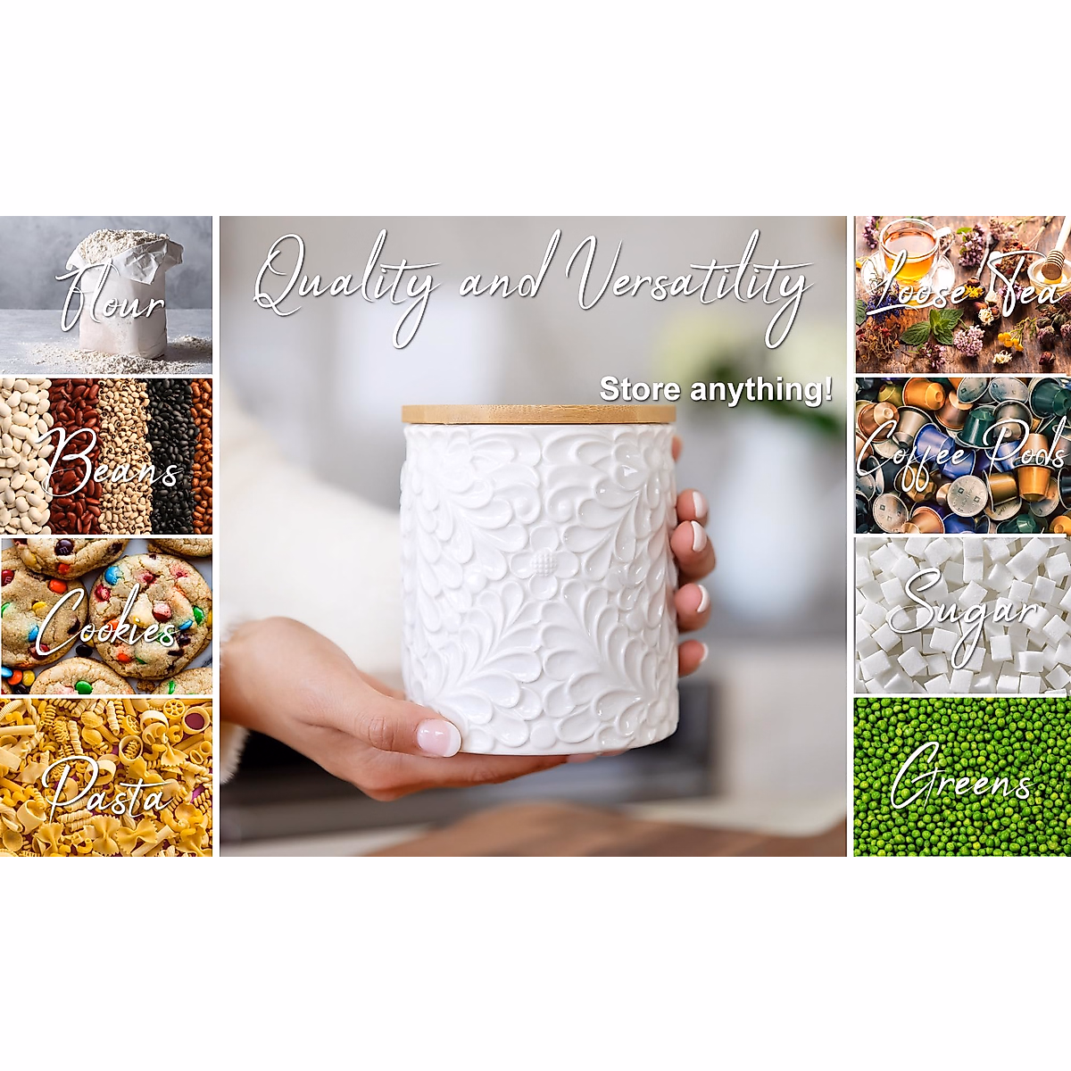 Engraved Ceramic Kitchen Canister - Storage Jars with Airtight Lids Made from Bamboo with Nature-Inspired Engraving - Use as a Pasta Holder, Coffee Ground Holder, Rice Container, Candy Jar - 30 Ounces