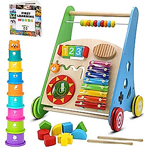 PIDOKO KIDS Wooden Baby Walker - Baby Activity Center Toys for 1 Year Old Boy Girl | Push Walker Toy For Babies - Baby Walkers For Girls Boys 12-18 Months | First 1st Birthday Gifts Toddlers Book Cups
