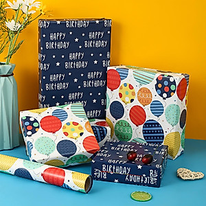 BULKYTREE Reversible Birthday Wrapping Paper Roll for Boys Girls Kids Men Women - Colorful Balloon Happy Birthday and Stars - Gift Wrap Paper for Birthday Party Holiday