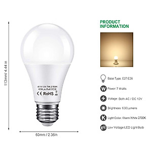 BAYSHE 12V LED Light Bulb 60Watt Equivalen E26 7W 630Lm 12 Volt Low Voltage Lights AC/DC 11-18V A19-12volt RV Marine Boat Landscape Lighting- 6 Pack(2700K Warm White)