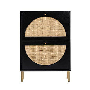 Pvillez Black Rattan Shoe Cabine, Shoe Cabinet with 2 Flip Drawers for Entryway, Modern Freestanding 2-Tier Shoe Rack Storage Cabinet for Entryway, Hallway, Bedroom
