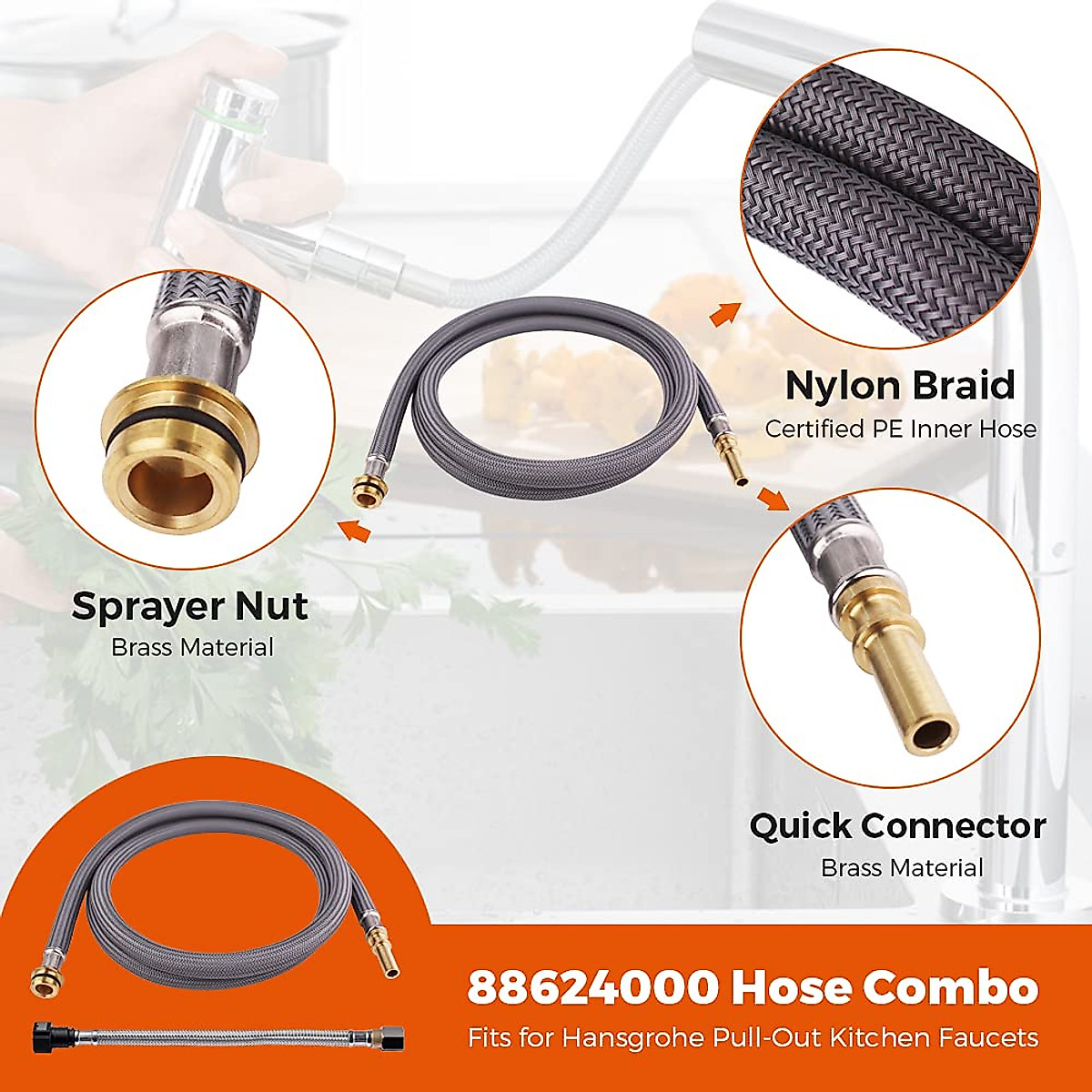 88624000 Pull-out Hose Combo for Hansgrohe Kitchen Faucets, Pull-down Spray Hose Replacement with Brass Connectors, 59-Inch + 10.5-Inch