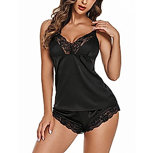 Avidlove Womens Pajama Set Satin Lingerie Sets Silk Lace Sleepwear Black Small