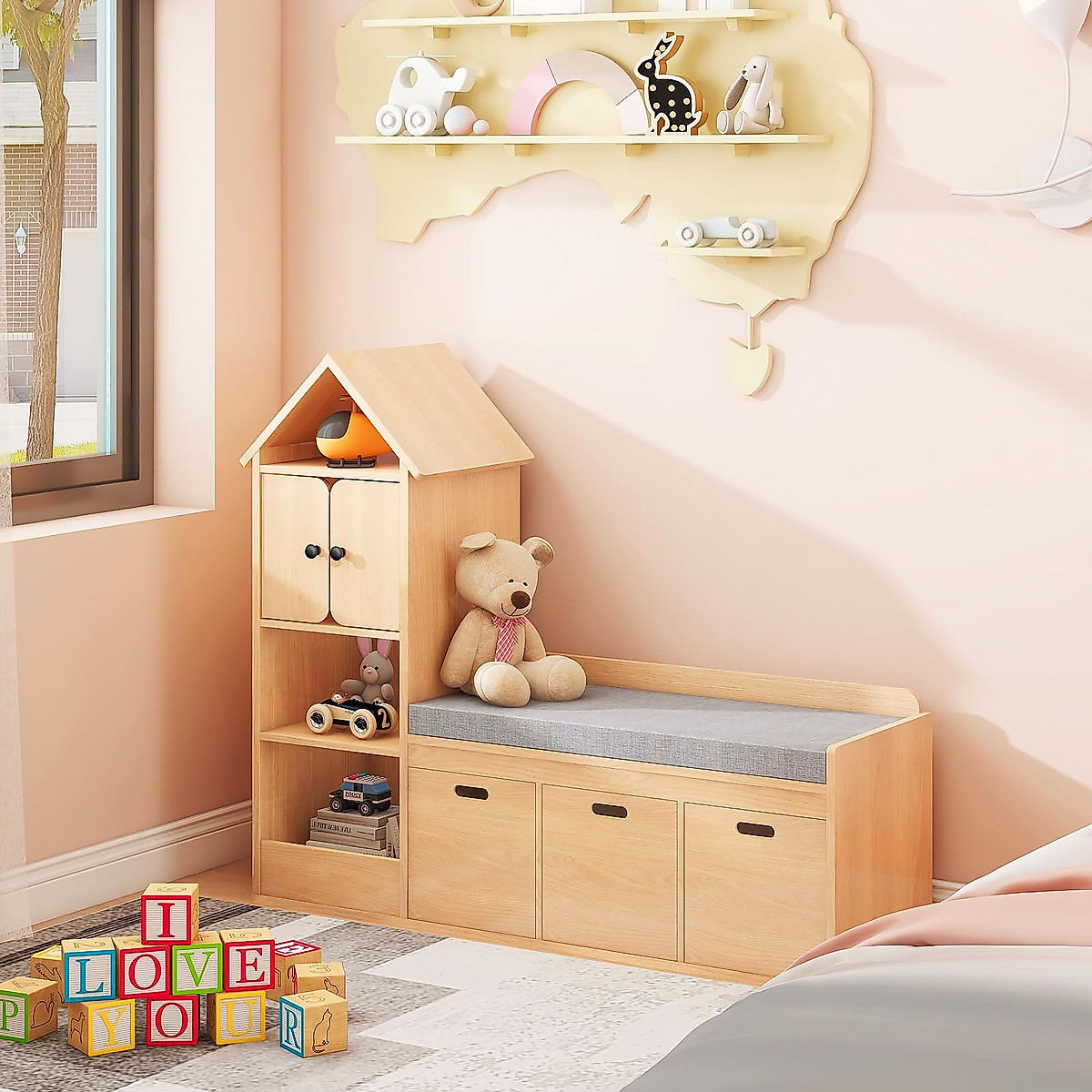 Kids Bookcase and Bookshelf with Reading Nook, Multifunctional Bookcase with 3 Open Storage Cubbies and 3 Drawers, Bookcase with Seat Cushion for Toy Storage Organizer Children's Room, Bedroom, Oak