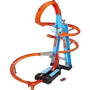 Hot Wheels Sky Crash Tower Track Set, 2.5+ ft High with Motorized Booster, Orange Track & 1 Hot Wheels Vehicle, Race Multiple Cars, Gift for Kids 5 to 10 Years Old & Up