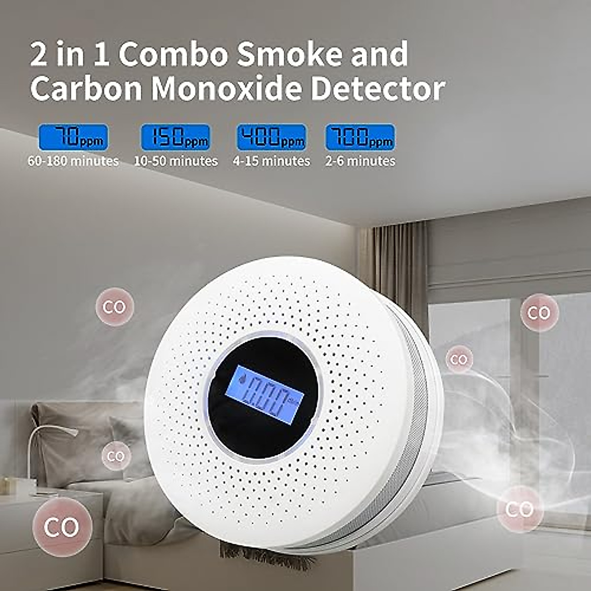 GiiHoo Smoke and Carbon Monoxide Detector Alarm, 2-in-1 Combination Smoke and Carbon Monoxide Detector with LCD Display and Silence Function, Battery Operated, Not Hardwired (White-1)
