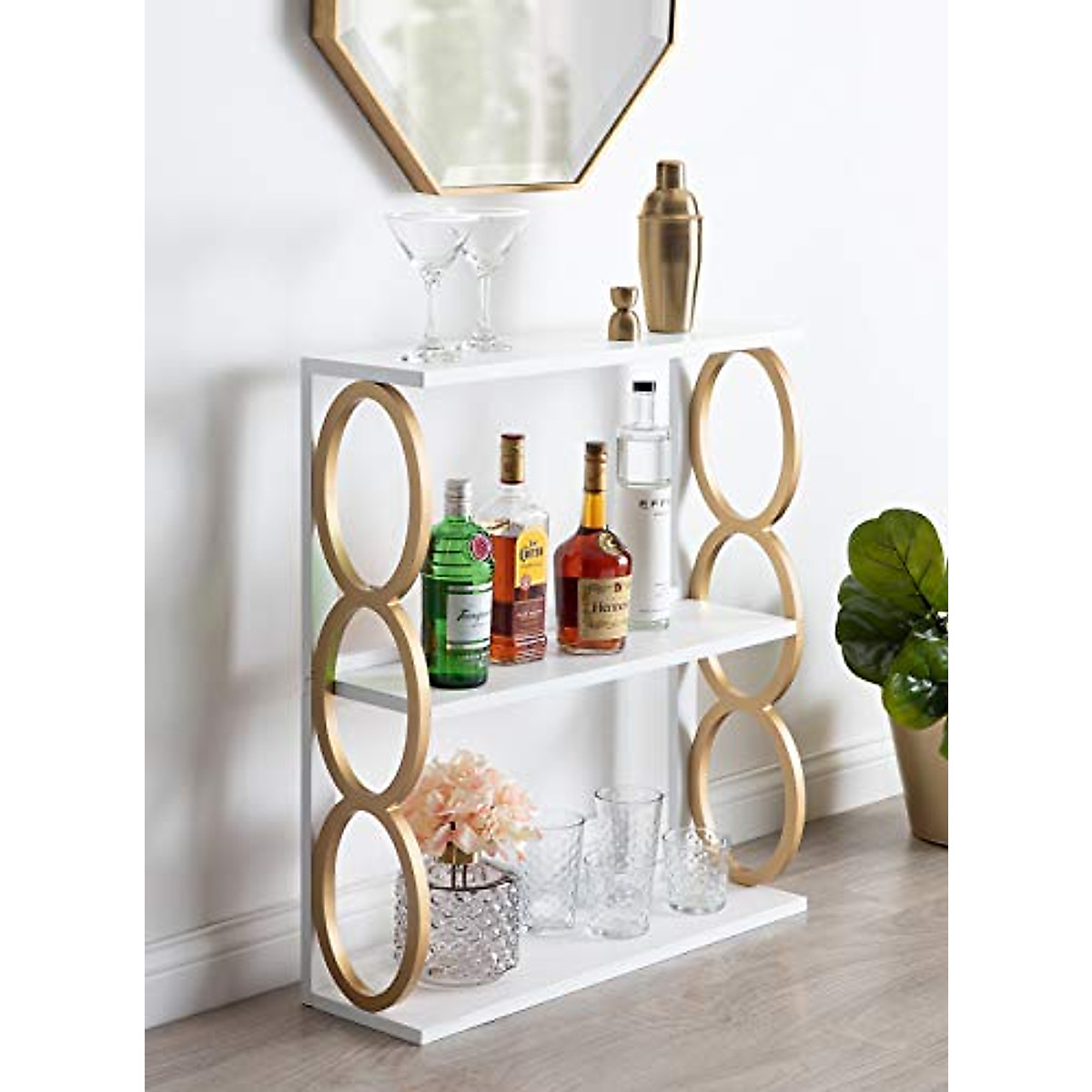Kate and Laurel Ring Mid-Century Modern 3-Tier Shelf, 28" x 8" x 31", White and Gold, Chic Contemporary Storage and Decor