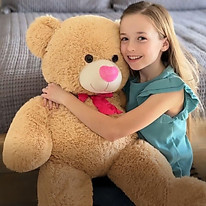 Tezituor Big Teddy Bear Stuffed Animal, Giant Teddy Bear with Pink Love for Girlfriend Boyfriend Kid, Large Stuffed Bear Plush for Valentines Day/Birthday/Baby Shower, 36 inches Tan