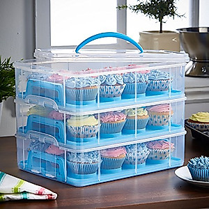 VonShef Snap and Stack Blue 3 Tier Cupcake Holder & Cake Carrier Container - Store up to 36 Cupcakes or 3 Large Cakes