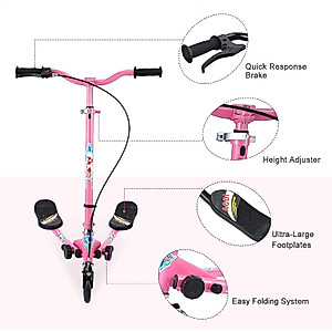 AODI Swing Scooter for Kids, 3 Wheels Foldable Wiggle Scooter Push Drifting with Adjustable & 2 Rear LED Wheels Kicks Scooter for Boys and Girls Ages 3-8