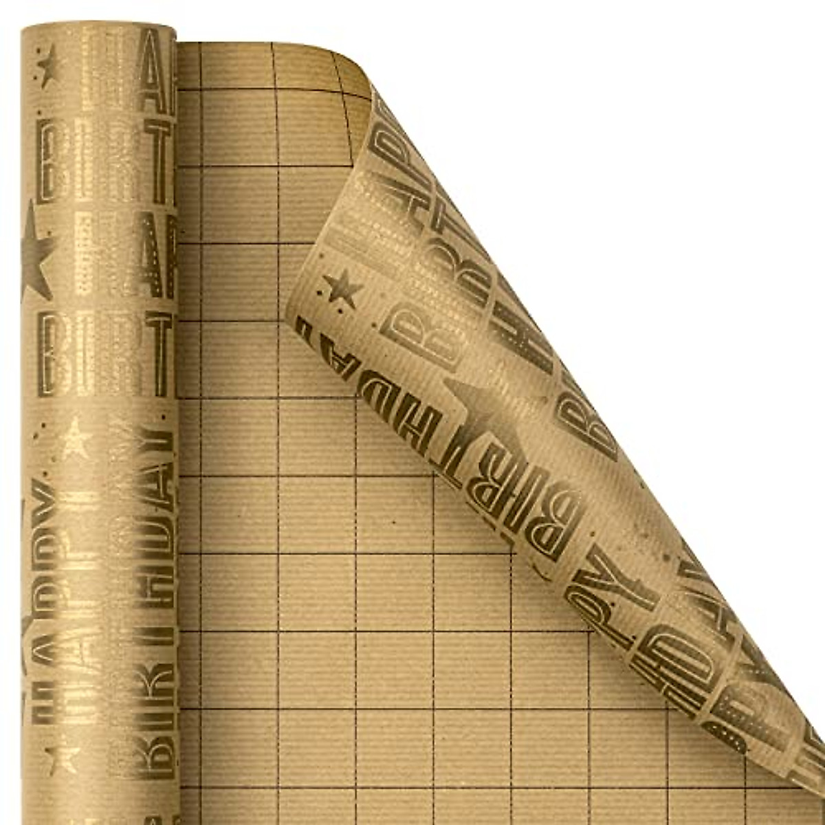 RUSPEPA Kraft Wrapping Paper Roll - Gold Happy Birthday Pattern Great for Birthday, Party, Baby Shower - 17.5 Inches X 32.8 Feet