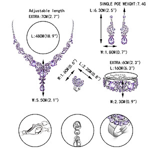 EVER FAITH Wedding Rhinestone Jewelry Sets for Brides, Crystal Bridal Floral Wave Teardrop Necklace Dangle Earrings Bracelet Ring Set Light Purple Silver-Tone