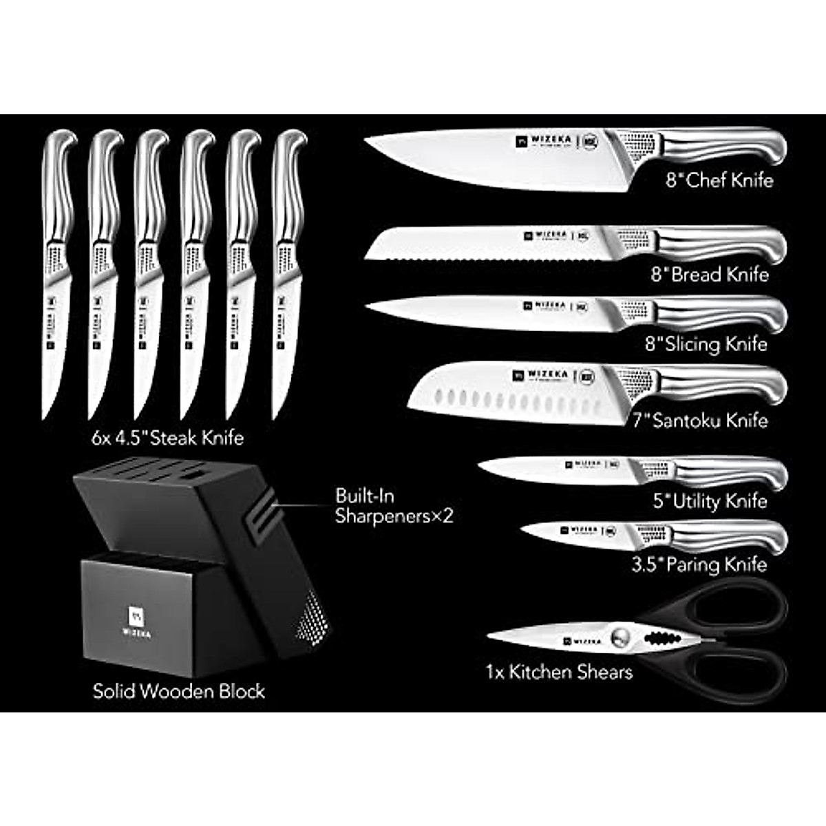 WIZEKA Kitchen Knife Set with Block, NSF Certified 15pcs German Steel 1.4116 Knife Block Set, Professional Chef Knife Set with Built-in Sharpener, Starry Sky Series
