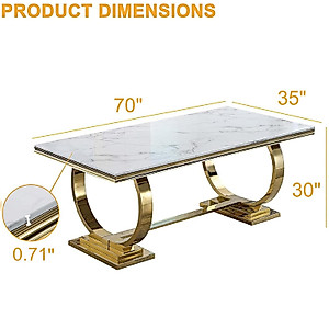 SSLine Modern White Marble Dining Table for 6-8 Rectangle 70" Faux Marble Kitchen Table for 6 Luxury Dining Room Table with Gold Mirrored Stainless Steel U Shape Pedestal Base for Home Office