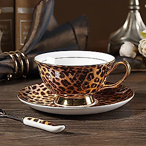 amokk Coffee Cup and Saucer Sets - 6.7 Oz Bone China Tea Cup with Saucer and Spoon - Fancy Coffee Mugs for Office, Coffee Table, Afternoon Tea (Leopard)
