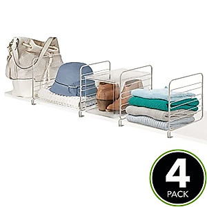 mDesign Versatile Metal Wire Closet Shelf Divider and Separator for Storage and Organization in Bedroom, Bathroom, Kitchen and Office Shelves - Easy Install - 4 Pack - Satin