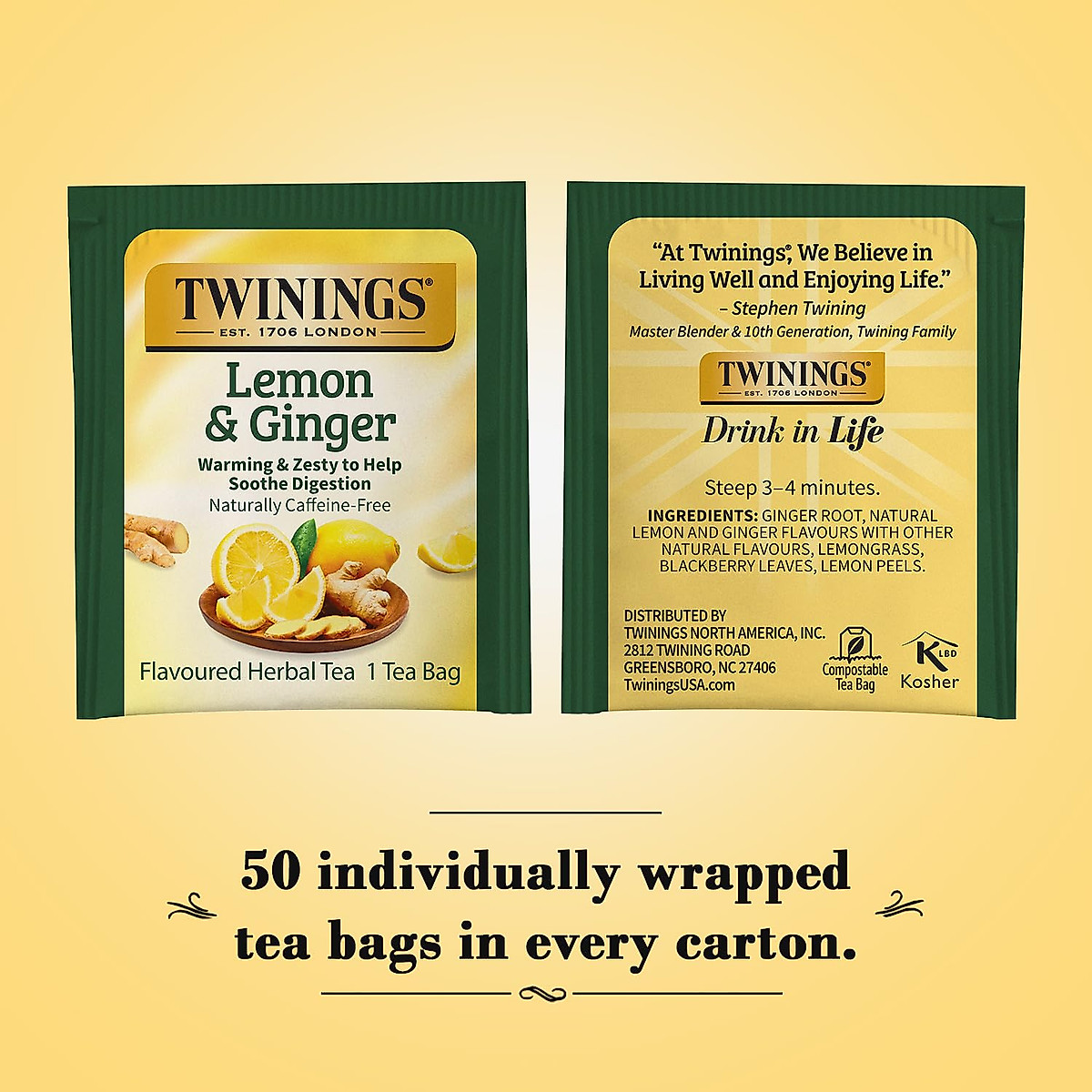 Twinings Lemon & Ginger Tea - Refreshing Ginger Root and Lemon Tea, Naturally Caffeine-Free Herbal Tea Bags Individually Wrapped, 50 Count