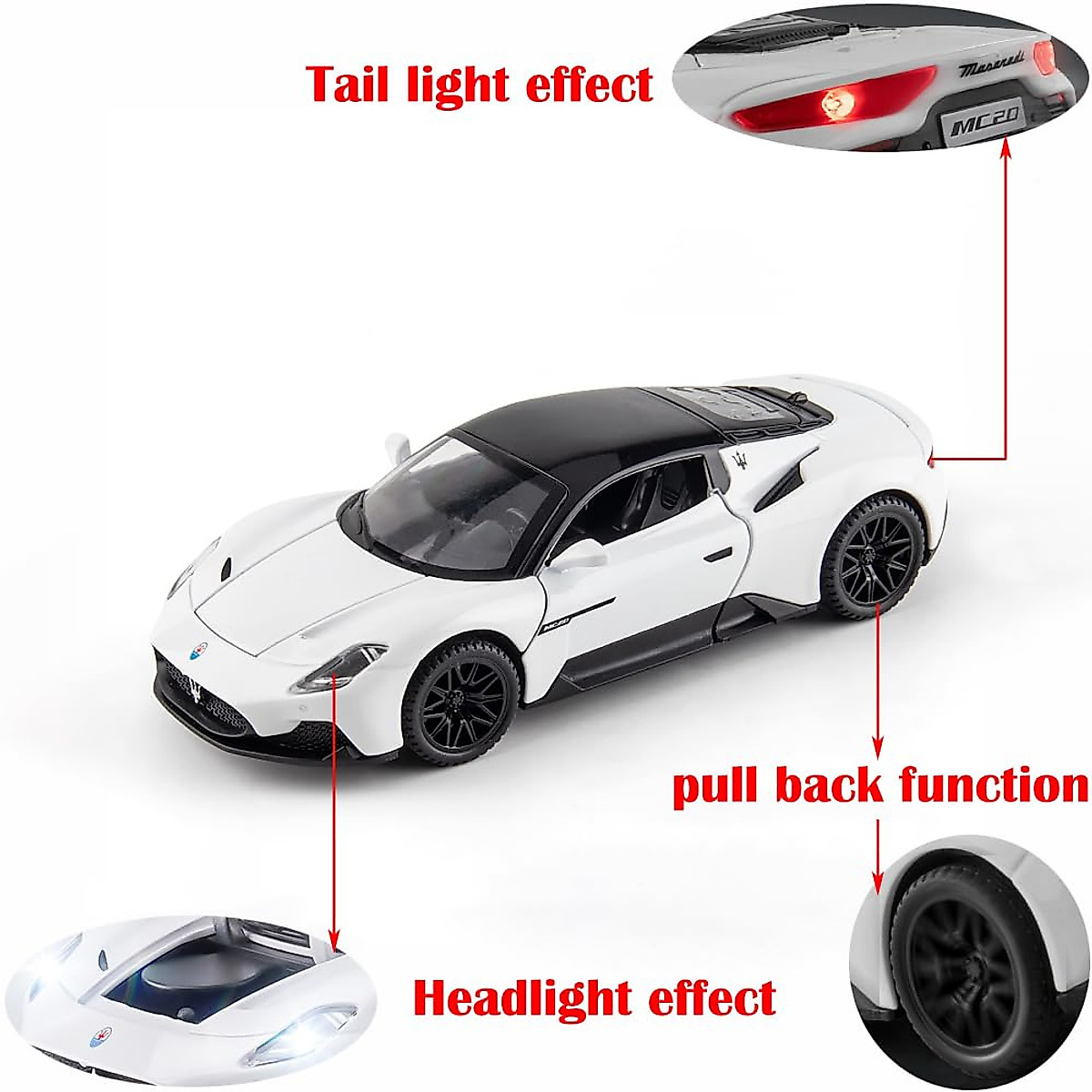 Toy Cars Model MC20 Alloy Collectible Pull Back Vehicles Diecast with Light&Sound (White)