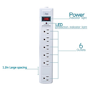KMC 6-Outlet Surge Protector Power Strip, 2-Pack, 1200 Joules, 6ft Cord, Adapter Spaced Outlet, Overload Protection, White