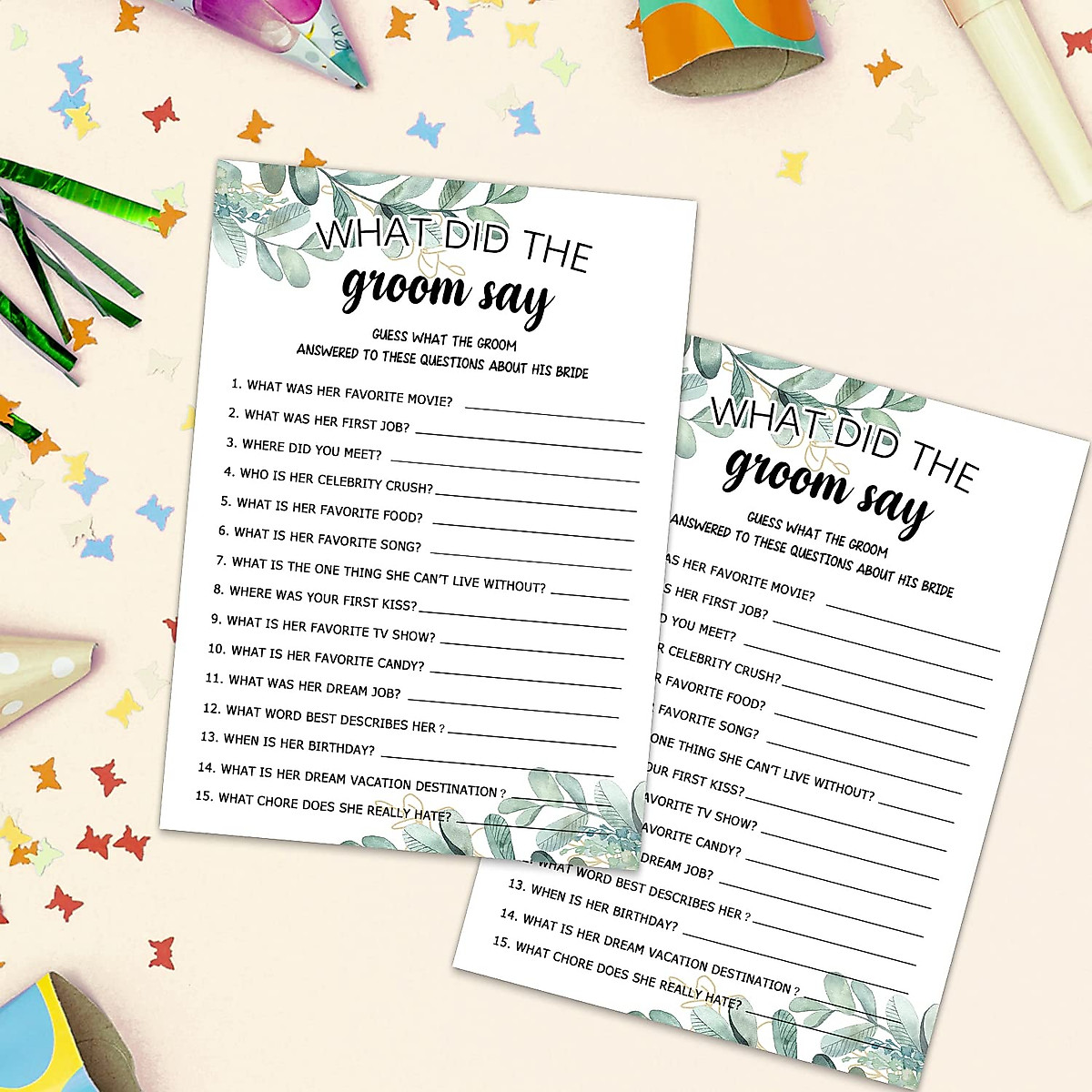 Bridal Shower Game Cards, What Did The Groom Say Game, Greenery Theme Engagement Party Cards For Wedding, Bridal Shower Decorations, Engagement Activities Ideas, Wedding Shower Party Game Card