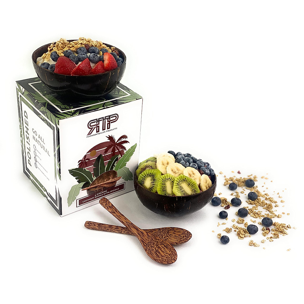 RobinsonTaylor Products 4 Organic Coconut Bowls with Spoons: Set of 4-100% Natural, Vegan, Organic, Eco-Friendly and Plant Polished Coconut Bowls with Wooden Spoons