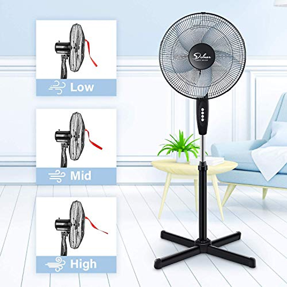 Simple Deluxe Oscillating 16″ 3 Adjustable Speed Pedestal Stand Fan with Fan Dust Cover for Indoor, Bedroom, Living Room, Home Office & College Dorm Use, 16 Inch, Black