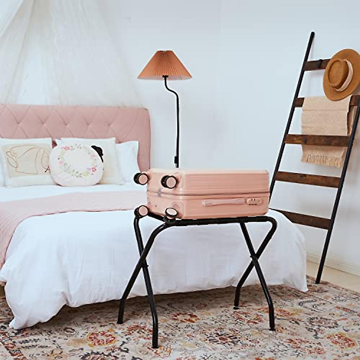 YOUYOUK Luggage Rack, Suitcase Stand with Fabric Storage Shelf, Luggage Rack for guest room, Bedroom, Hotel, Foldable Steel Frame,Pack of 2, Easy Assembly, Folding Luggage Rack (black steel)