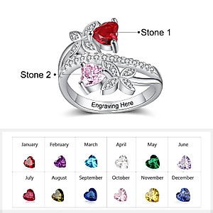 LanM Personalized Promise Rings for her Butterfly Rings for Mother with 2 Simulated Birthstone Engraved Womens Names Mother Rings for Family Mother Day Gift, Silver