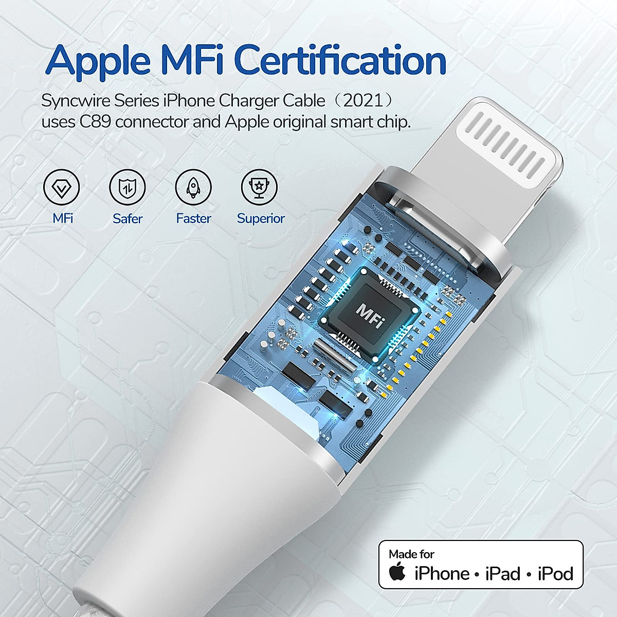 SYNCWIRE iPhone Charger Cable 10ft, [Apple MFi Certified] Long Lightning to USB Cable Double Braided Nylon iPhone Cord Compatible with iPhone 13 12 Mini 11 Pro Max XS XR X 8 7 6 Plus, Silver, 10 Foot