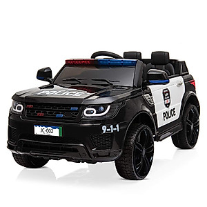 Winado 12V Kids Ride On Police Car Electric Toy w/ 2.4G Parent Remote Control, Battery Powered Vehicle with Flashing Lights, Megaphone Siren Horn, Music, Black
