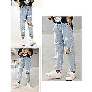 QIBABU Kid Big Girl's Baggy Ripped Jeans Elastic Waist Washed Denim Pants for 8-14 Years(0865-Blue-14Y-QB)