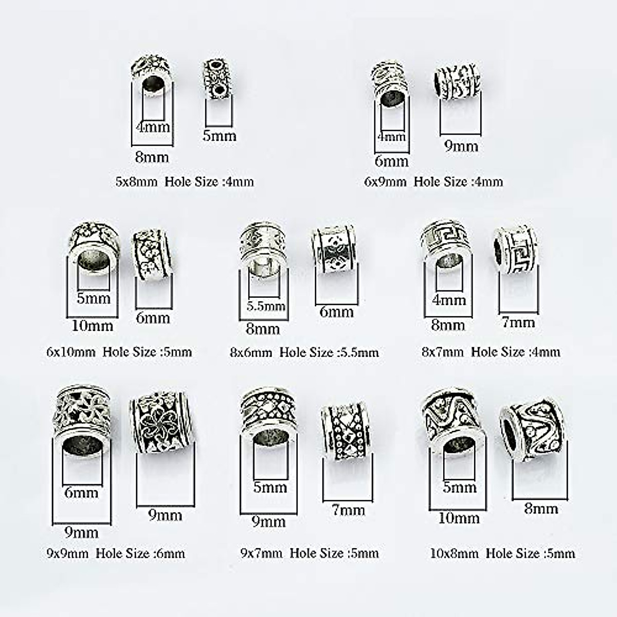 LolliBeads (TM) Antiqued Silver Tone Bracelet Jewelry Marking Large Hole Spacer Beads Round Tube Charm Beads (80pcs)