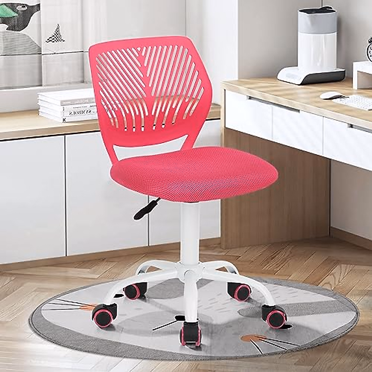 Desk Chair Armless Small Study Chairs Armless for Child Kids Teens, Ergonomic Swivel Rolling Lightweight Task Chair with Wheels and Mesh Padded Cushion, Pink