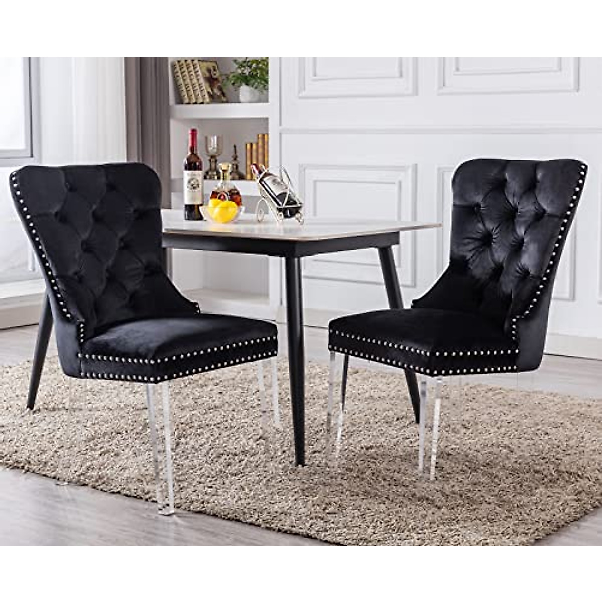 Kmax Velvet Elegant Upholstered Dining Chairs, Armless Accent Chair with Ring Pull Acrylic Legs, Set of 2 - Black