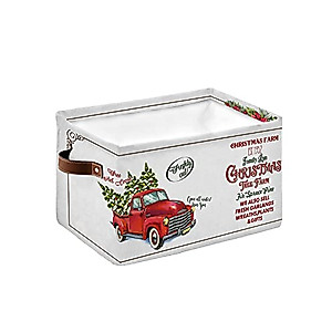 Christmas Cube Storage Organizer Bins with Handles,1PC 15x11x9.5 Inch Collapsible Canvas Cloth Fabric Storage Basket,Xmas Red Truck Winter Snowy Tree Poinsettia Flower Kids' Toys Bin Boxes for Shelves