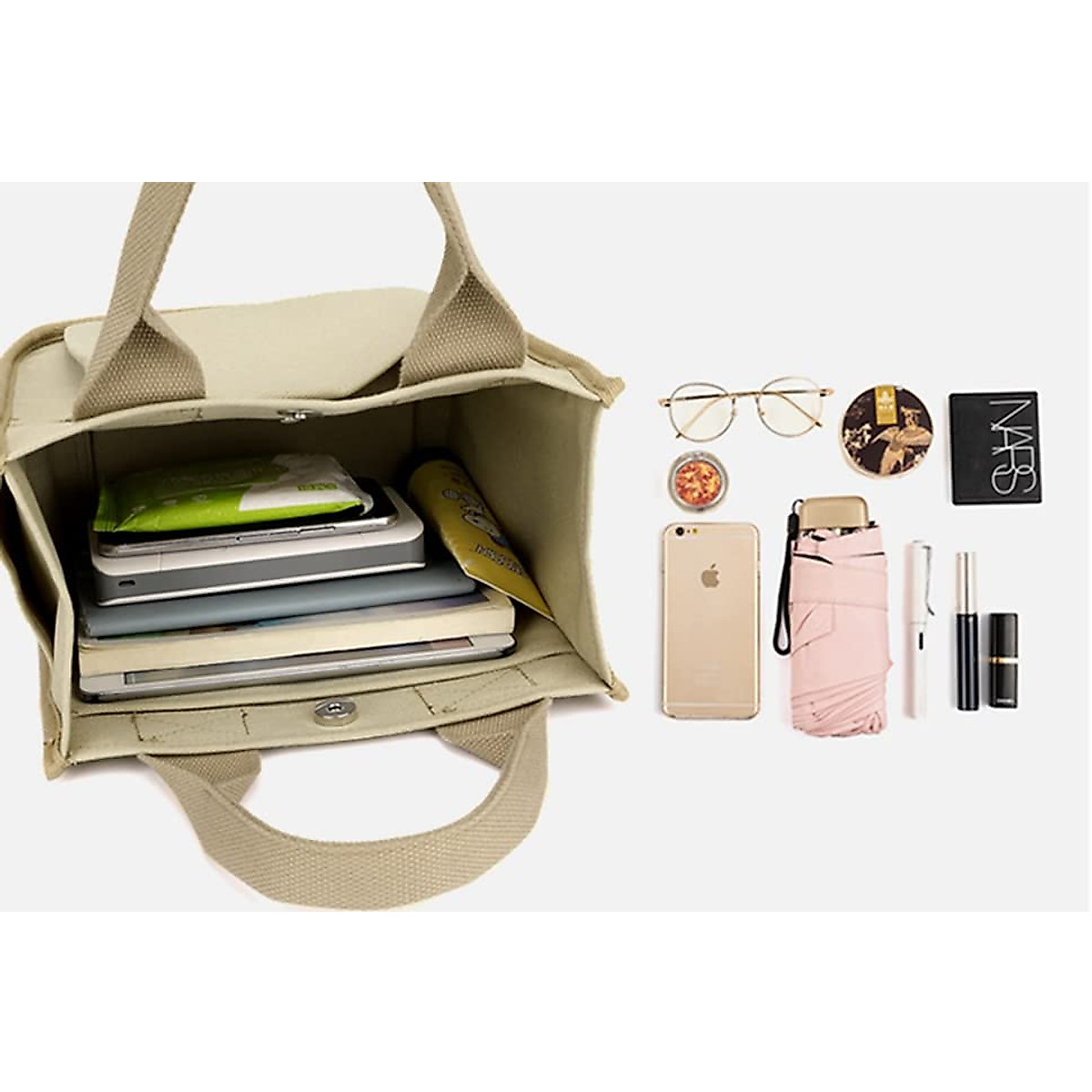 Women's Small Canvas Handbag Totes Purse Casual Multipocket Work Everyday Bag (Khaki)