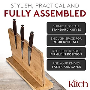 Kitch Magnetic Bamboo Knife Block 12", Double sided space saving freestanding storage holder for knives, handmade universal cutlery organizer stand with magnets