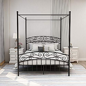 Zoophyter Metal Canopy Queen Size Bed Frame with Headboard Heavy Duty Steel Slat Support No Box Spring Needed Easy Assemble Black