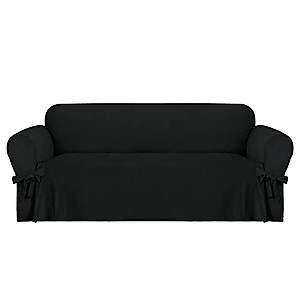 Easy-Going Velvet Couch Covers for 3 Cushion Couch Sofa, Luxury Velvet Sofa Cover with Ties, One Piece Sofa Slipcover for Living Room (Black, Sofa)