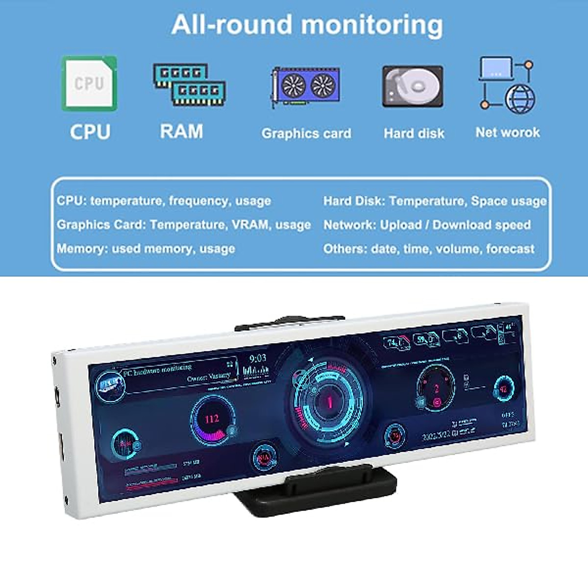 GOWENIC 8.8 Inch USB Mini Screen, AIDA64 PC CPU Data Monitor, Computer Temperature Display Micro USB Sub Screen Theme Editor Auto Off, for RasPi, for Linux