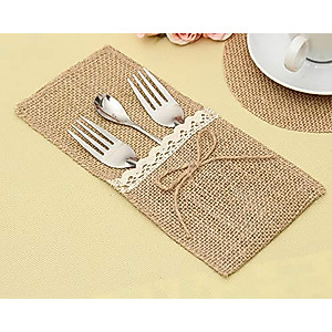 Topmodehome Burlap Cutlery Holders Lace Utensil Pouch Knifes Forks Bag for Vintage Natural Wedding (4x8inch, Rope Bow)